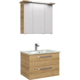 Badmöbel-Set SAPHIR "Trentino 2-teilig Glas-Waschtisch, Spiegelschrank mit LED-Profil", braun (riviera eiche quer nb), Kastenmöbel-Sets, Badmöbel-Set 77cm breit, inkl. Türdämpfer, 3 Türen, 2 Auszügen