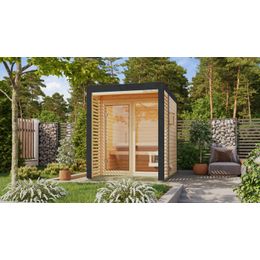 Saunahaus Karibu "Anja 1", braun (naturbelassen, anthrazit), Saunaofen, externe Steuerung, 9 kW, Saunen