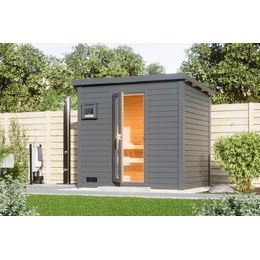 Saunahaus Karibu "Talo 3", grau (terragrau), Saunaofen, externe Steuerung, (ohne Ofen), Saunen, Ofen 9 kW, externe Steuerung, mit Energiespartür