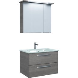 Badmöbel-Set SAPHIR "Trentino 2-teilig Glas-Waschtisch, Spiegelschrank mit LED-Profil", grau (graphit struktur quer nb), Kastenmöbel-Sets, Badmöbel-Set 77cm breit, inkl. Türdämpfer, 3 Türen, 2 Auszügen