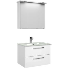 Badmöbel-Set SAPHIR "Trentino 2-teilig Glas-Waschtisch, Spiegelschrank mit LED-Profil", weiß (weiß hochglanz), Kastenmöbel-Sets, Badmöbel-Set 77cm breit, inkl. Türdämpfer, 3 Türen, 2 Auszügen