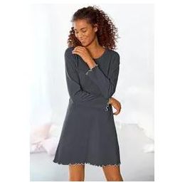 Sleepshirt Lascana, Damen, Gr. 44/46, N-Gr, grau (taupe), Single Jersey, Obermaterial: 100% Baumwolle, unifarben, figurumspielend ca. Mitte Oberschenkel, Rundhals, gewellter Abschluss, Kleider, mit Wellensaum