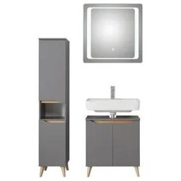 Badmöbel-Set SAPHIR "Quickset 3-teilig, Waschbeckenunterschrank mit LED-Spiegel", grau (quarzgrau matt touch, quarzgrau matt, akzent riviera eiche quer nb), Kastenmöbel-Sets, mit Midischrank, inkl. Türdämpfer, 4 Türen, 1 Nische, Bad-Set