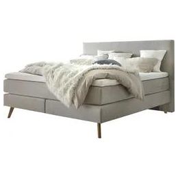 Boxspringbett Hasena "Costa", grau (grau, eiche bianco), B:148cm L:210cm, Komplettbetten, Boxspringbett, Massivholz-Füße in Eiche und Tonnentaschen-Federkernmatratze