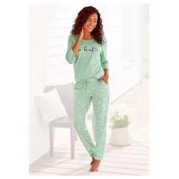Pyjama Vivance DREAMS, Damen, Gr. 40/42, grün (jade, gemustert), Single Jersey, Obermaterial: 100% Baumwolle, geblümt, Basic, bequem lang, Rundhals, eingesetzt, Homewear-Sets, mit Gänseblümchen-Druck