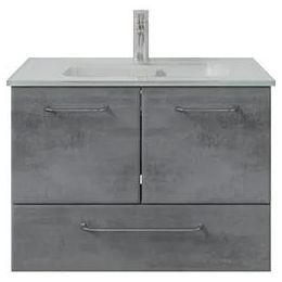 Badmöbel-Set SAPHIR "Quickset 945 Glas-Waschtisch mit Unterschrank, 74 cm breit, Waschplatz", grau (oxid dunkelgrau quer), Kastenmöbel-Sets, 2 Türen, 1 Schublade, inkl. Türdämpfer, Waschtisch Set mit Waschbecken