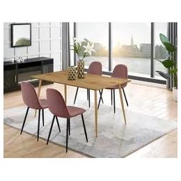 Essgruppe LEONIQUE "Eadwine, TOPSELLER Tisch plus 4 Stühle, Sitzgruppe", rosa (altrosa,), Eichefarbener Esstisch, Sitzmöbel-Sets, bestehend aus Esstisch 160 cm und 4 Esszimmerstühlen, Polsterstühlen
