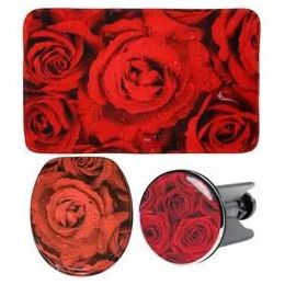 Badaccessoire-Set Sanilo "Rosen", rot, Kunststoff, MDF, Polyester, Badaccessoires-Sets, bestehend aus WC-Sitz, Badteppich und Waschbeckenstöpsel