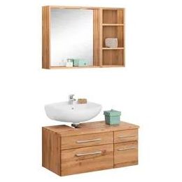 Badmöbel-Set Welltime "Davos", braun (eichefarben), Siphonausschnitt links, Holzwerkstoff, MDF, Melamin, Kastenmöbel-Sets, Spiegel inklusive Beleuchtung, Regal und Waschbeckenunterschrank