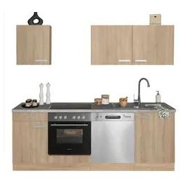 Küchenzeile Optifit "Leer Breite 210 cm", beige (küche: natur, front: eiche hell, korpus: eiche hell, arbeitsplatte: marmor grau), B:210cm T:60cm, Komplettküchen-Sets, Küchenzeile, mit Hanseatic-Geräten, wahlweise mit Geschirrspüler