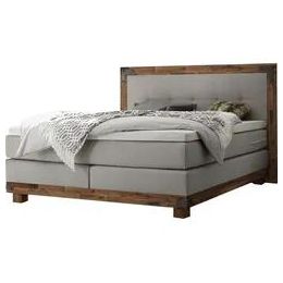 Boxspringbett Hasena "Chicago", grau (grau, akazie braun), B:178cm L:206cm, Komplettbetten, Boxspringbett, im Vintagelook mit Punktsteppung im Kopfteil, Massivholz-Umrandung