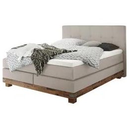 Boxspringbett Hasena "Boston", beige (beige, akazie grau), B:168cm L:210cm, Komplettbetten, Boxspringbett, Massivholz-Sockel, Punktsteppung im Kopfteil, Federkernmatratze