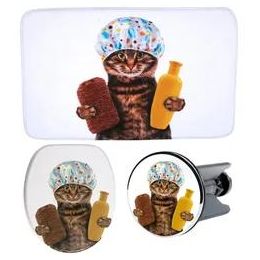 Badaccessoire-Set Sanilo "Shower Cat", braun (braun, weiß), MDF, Polyester, Polyresin (Kunststein), Badaccessoires-Sets, bestehend aus WC-Sitz, Badteppich und Waschbeckenstöpsel