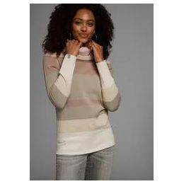 Rollkragenpullover Kangaroos, Damen, Gr. 52/54 (XXL), beige (beige, rosa), Strick, Obermaterial: 50% Baumwolle, 50% Polyacryl, gestreift, meliert, Casual, figurbetont hüftlang, Rippbündchen, Pullover Strickpullover Pullover Rollkragenpullover Stehkragenpullover, gestreift mit hohem Stehkragen