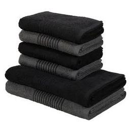Handtuch Set Bruno Banani "Jassen, Duschtücher, Handtücher", schwarz (schwarz, anthrazit), 6, Walkfrottee, Obermaterial: 100% Baumwolle, Handtuch-Sets, mit gestreifter Bordüre, 6 teiliges Handtücher Set aus 100% Baumwolle