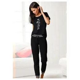 Pyjama s.Oliver, Damen, Gr. 32/34, schwarz, Single Jersey, Obermaterial: 100% Baumwolle, bequem lang, Rundhals, eingesetzt, Homewear-Sets, mit gestreiften Rippbündchen