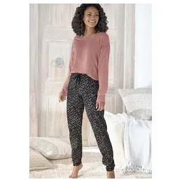 Pyjama Vivance DREAMS, Damen, Gr. 36/38, orange (aprikose, schwarz), Single Jersey, Obermaterial: 100% Baumwolle, ethno, gemustert, unifarben, loose fit lang, Rundhals, Bündchen, Homewear-Sets, mit malerischem Fischgrat-Muster