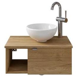 Waschtisch SAPHIR "Serie 6915 Waschschale mit Unterschrank für Gästebad, Gäste WC", braun (halifax eiche, halifax eiche, halifax eiche quer nb), B:61cm H:39,8cm T:35cm, Waschtische, 61 cm breit, 1 Tür, offenes Fach, kleine Bäder, ohne Armatur