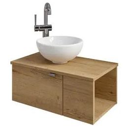 Waschtisch SAPHIR "Serie 6915 Waschschale mit Unterschrank für Gästebad, Gäste WC", braun (halifax eiche, halifax eiche, halifax eiche quer nb), B:61cm H:39,8cm T:35cm, Waschtische, 61 cm breit, 2 Türen, offenes Fach, kleine Bäder, ohne Armatur
