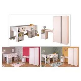 Jugendzimmer-Set Parisot "Pirouette", weiß (weiß 3tlg. mit hochbett, kleiderschrank und schreibtisch), B:132cm H:104cm T:205cm, Spanplatte, Schlafzimmermöbel-Sets, wahlweise mit Schreibtisch