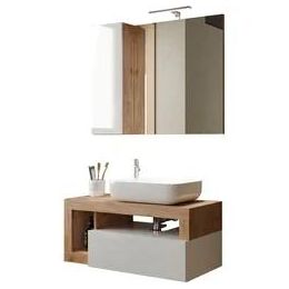 Badmöbel-Set Welltime "Hamburg, Badezimmerset 2tlg. Breite 92 cm, Badmöbel, Waschtisch inkl.", braun (weiß, eiche cadiz nb), B:92cm H:190cm T:49cm, Kastenmöbel-Sets, Waschbecken, Spiegelschrank mit LED Aufbauleuchte, Soft-Close-Funktion