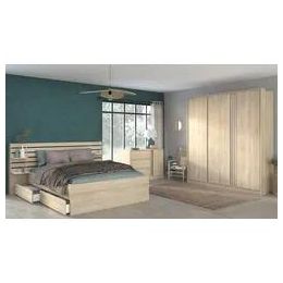 Schlafzimmer-Set Parisot, braun (eiche), B/H: 140cm x 200cm, Schlafzimmermöbel-Sets, viel Stauraum, schöne Optik, Einsätze an Schrank und Kommode drehbar