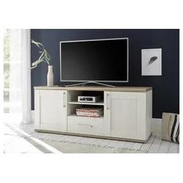 HBZ-MEBLE Lowboard HBZ "Romance Landhaustil, TV Möbel bis 55 Zoll, BxHxT 143x59x50 cm", weiß (sibiu lärche, ober und unterboden san remo hell), B:143cm H:59cm T:50cm, Holzwerkstoff, Sideboards, Mit 2 Türen, 2 offene Fächer, 1 Schubkasten