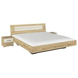 Bettanlage Rauch "Doppelbett Futonbett BURANO in schwebender Optik", braun (eiche artisan, champagner), B:265cm H:82cm T:213cm, Holzwerkstoff, Schlafzimmermöbel-Sets, und abgesetztem Kopfteil mit 2 Nachttischen MADE IN GERMANY