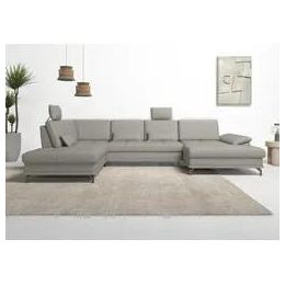 Wohnlandschaft Places of Style "Costello U-Form, B: 363 cm mit Sitztiefen-, Armteilverstellung &", grau (hellgrau), B:363cm H:89cm T:223cm, Luxus-Microfaser (90% Polyester, 10% Polyamid);Samtoptik (100% Polyester), Sofas, 3 Nierenkissen, optional Bettfunktion und Bettkasten