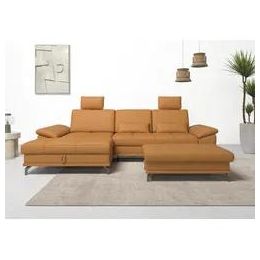 Ecksofa Places of Style "Costello L-Form, B: 301 cm mit Sitztiefen-, Armteilverstellung &", gelb (curry), B:301cm H:89cm T:176cm, Luxus-Microfaser (90% Polyester, 10% Polyamid);Samtoptik (100% Polyester), Sofas, 3 Nierenkissen, optional Bettfunktion & Bettkasten, Topseller