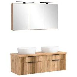 Badmöbel-Set Welltime "Welltime, Carlton Waschtisch-Set, 80 oder 120 cm, gestreift", schwarz (wotnaeiche, schwarz), Set 15: 2tlg. Waschtisch-Set 120cm: Spiegelschrank 120cm und Waschtischmit 2 weißen Aufsatzbecken, Spanplatte, Kastenmöbel-Sets
