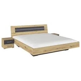 Bettanlage Rauch "Doppelbett Futonbett BURANO in schwebender Optik", grau (eiche artisan, graumetallic), B:265cm H:82cm T:213cm, Holzwerkstoff, Schlafzimmermöbel-Sets, und abgesetztem Kopfteil mit 2 Nachttischen MADE IN GERMANY