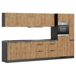 Küchenzeile KOCHSTATION "KS-Lagos, wahlweise mit E-Geräten, Spüle edelstahl oder schwarz", beige (küche: natur, front: listrado eiche, korpus: grafitgrau, arbeitsplatte: betongrau), B:330cm H:200cm T:60cm, Komplettküchen-Sets, Küchenzeile, Breite 330cm, Ceran-oder Induktionskochfeld,mit oder ohne Kühlschrank
