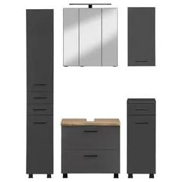 Badmöbel-Set Welltime ""Trento", Badezimmer-Set, Hängeschrank, Unterschrank, Hochschrank", grau (matt grau, grafit, baumkante), B:120cm H:200cm T:35cm, Holzwerkstoff, MDF, Kastenmöbel-Sets, Waschbeckenunterschrank, Spiegelschrank inkl. Aufbauleuchte