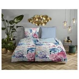 Wendebettwäsche Descanso "Mondet", grau, B/L: 135cm x 200cm, 1 Stk., 1 Stk., Satin (Bio-Baumwolle), B/L: 80cm x 80cm, 2 Stk., Satin (Bio-Baumwolle), Obermaterial: 100% Baumwolle, Bettwäsche, Baumwolle, Satin, 135x200, Biese, Reißverschluss, Wende, Blumen Grau