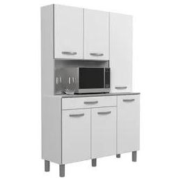 Buffet Parisot "Season 22, Made in Europe, viel Stauraum", weiß, B:120cm H:185cm T:40cm, Spanplatte, Schränke, 6 Türen, Regale, Arbeitsfläche, Schublade, ohne Elektrogeräte