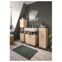 Badmöbel-Set Welltime "Tampa, Breite 137cm, 4-teilig", braun (eiche sonoma nachbildung, glas), B:137cm H:186cm T:33cm, Spanplatte, Kastenmöbel-Sets, Waschbeckenunterschrank, Spiegel, Hochschrank, Midischrank