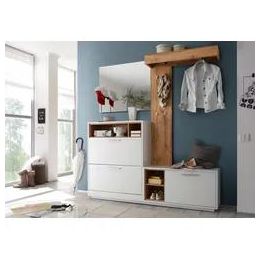 HBZ-MEBLE Kompaktgarderobe HBZ "Milano mit Spiegel, BxHxT 177x195x32 cm", weiß (weiß, wildeiche), B:177cm H:195cm T:32cm, Holzwerkstoff, Schränke, Mit Schuhkommode, Paneel, Bank und Spiegel