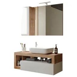 Badmöbel-Set Welltime "Hamburg, Badezimmerset 2tlg. Breite 110 cm, Badmöbel, Waschtisch inkl.", braun (weiß, eiche cadiz nb), B:110cm H:190cm T:49cm, Kastenmöbel-Sets, Waschbecken, Spiegelschrank mit LED Aufbauleuchte, Soft-Close-Funktion