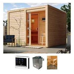 Saunahaus Konifera "Ruben", beige (natur), Saunaofen, externe Steuerung, 9 kW, Saunen, naturbelassen, mit Ofen 9 kW ext. Steuerung Easy