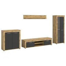 Wohnwand Inosign "Aosta, Breite 330cm, best. aus Highboard, Lowboard, Wandboard, Vitrine", grau (wotan eiche, grau), B:330cm H:159cm T:35cm, Holzwerkstoff, Kastenmöbel-Sets, Wohnwand, Kombination, Anbauwand, Möbel Set, Schrankwand, Möbel Kombi