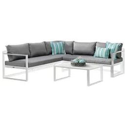 Best Freizeitmöbel Loungeset BEST "Rhodos", weiß (weiß – grau,), B:212cm H:77cm T:70cm, Aluminium, Polyester, Sitzmöbel-Sets, bestehend aus 2 Sitzbänken, 1 Tisch und 12 Kissen