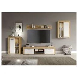 Wohnwand Inosign "Aosta, 4-tlg., bestehend aus: 2x Vitrine, Lowboard & Wandboard", weiß (wotan eiche nachbildung, weiß), B:330cm H:169cm T:40cm, Holzwerkstoff, Kastenmöbel-Sets, Wohnwand, Kombination, Anbauwand, Möbel Set, Schrankwand, Möbel Kombi