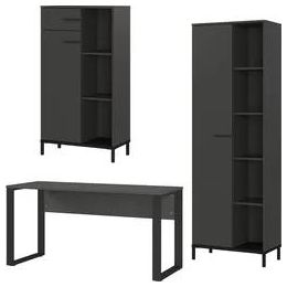 Büromöbel-Set Germania "GW-Rovigo", grau (graphit, schwarz), B:308cm H:190cm T:60cm, Metall, Spanplatte, Arbeitsmöbel-Sets, Schreibtisch mit Knieblende, Made in Germany
