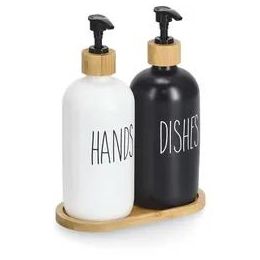 Spülmittelspender zeller PRESENT, schwarz-weiß (schwarz, weiß), Bambus, Glas, Polypropylen, Dosierspender, Glas / Bambus, Füllmenge je 500 ml, inkl. Tablett
