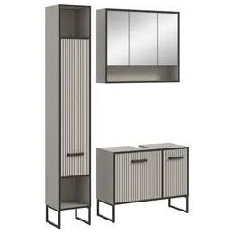 Badmöbel-Set Welltime "Locri, Breite 125 cm, Rillenoptik, Metallkufen", beige (kashmir nachbildung), Kastenmöbel-Sets, best. aus: Hochschrank, Waschbeckenunterschrank, Spiegelschrank