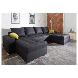 Wohnlandschaft Collection AB "Josy XL U-Form, B: 313 cm in Flachgewebe, Struktur, Kunstleder", grau (anthrazit), B:313cm H:84cm T:161cm, 100% Polyester, Sofas, mit Bettfunktion, Bettkasten & 2 Zierkissen, Federkern