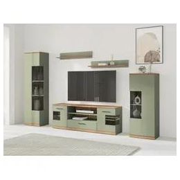 Wohnwand Home Affaire "Ribe,Set-5 St.,Oberplatten Eiche massiv,viel Stauraum", salbei, eiche, Holzwerkstoff, Massivholz, Kastenmöbel-Sets, Glaseinsatz aus gehärtetem Glas,Böden teilweise versetzbar