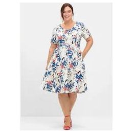 Sommerkleid sheego "Abendkleid", Damen, Gr. 52, Normalgrößen, champagner, gemustert, 97% Baumwolle, 3% Elasthan, geblümt, gemustert, mehrfarbig, knielang, V-Ausschnitt, Kleider