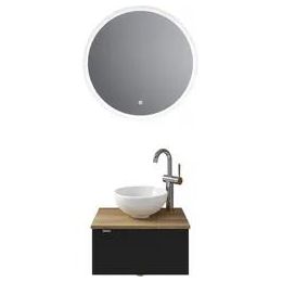 Badmöbel-Set SAPHIR "Serie 6915", schwarz (schwarz matt select, riviera eiche), B:51cm H:200cm T:35cm, Kastenmöbel-Sets, Gäste-Bad, mit LED-Spiegel und 1 Tür